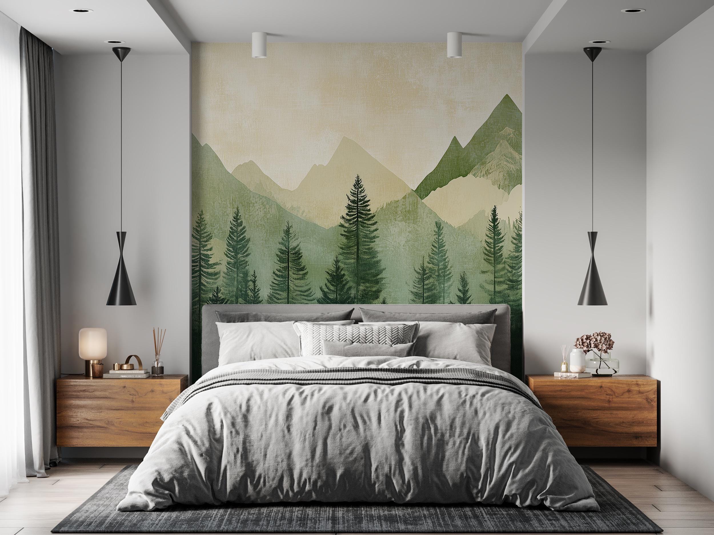 Sage Green and Cream Landscape Mural, Mountains and Forest, Minimalist ...