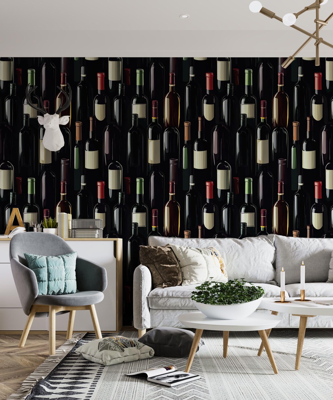 Elegant Wine Bottles Wallpaper, Modern Minimalistic Peel and Stick ...