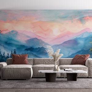 Serene Mountain Landscape Mural, Sunset Sky and Misty Forest, Soft ...