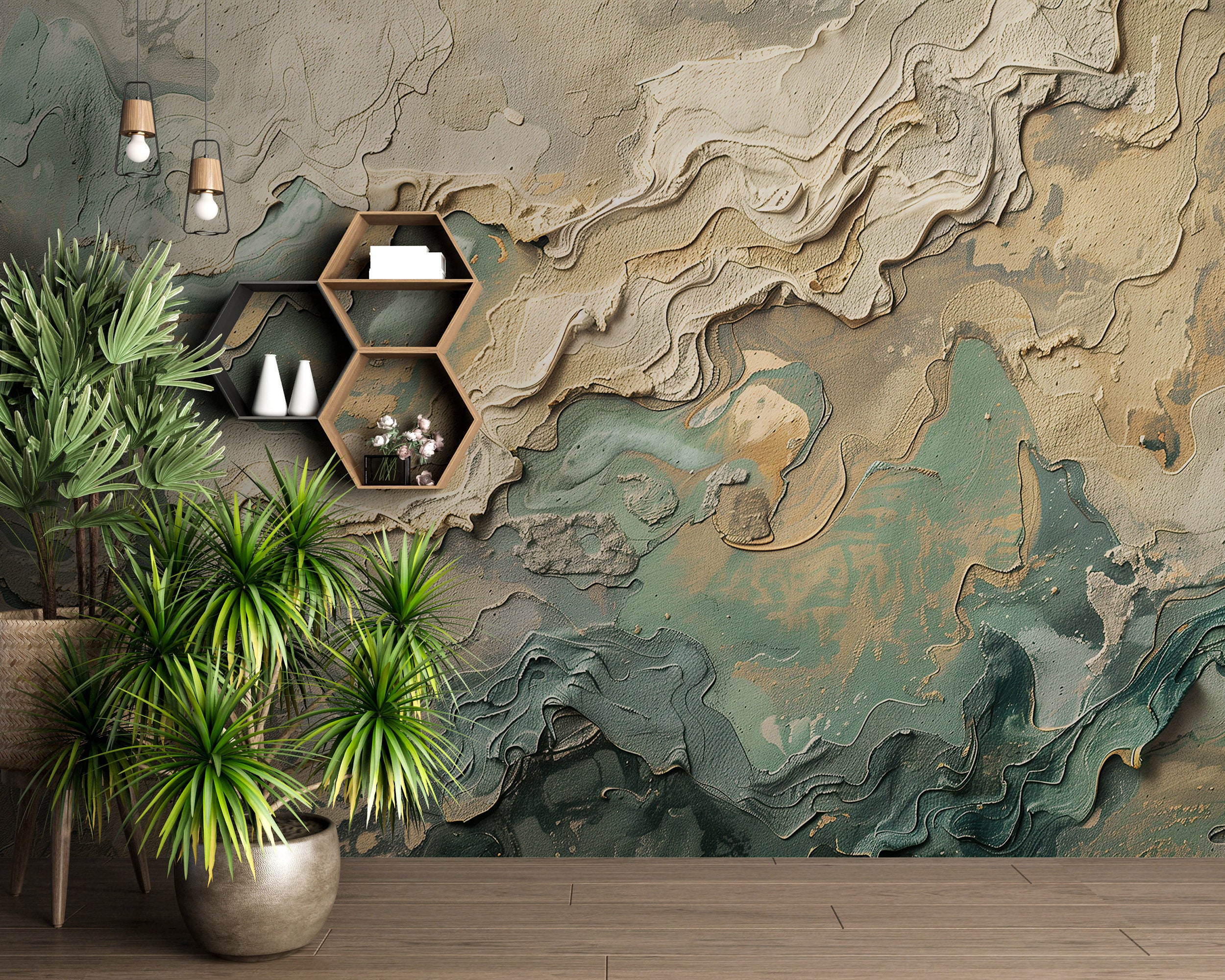 Textured Earthy Wall Mural, Abstract Beige and Green Art, Subtle Muted ...