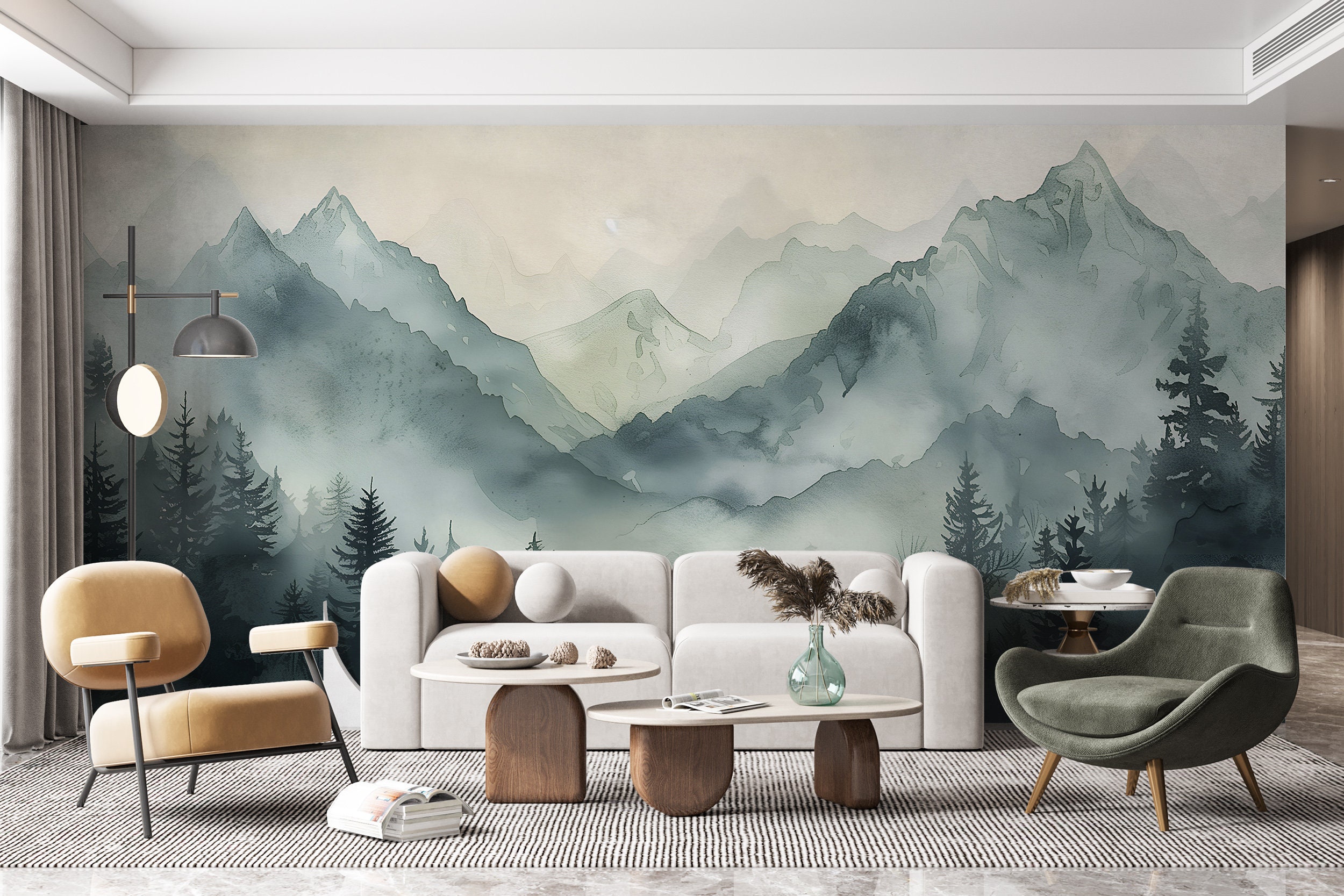 Green Mountains Wall Mural, Watercolor Foggy Forest and Mountains ...