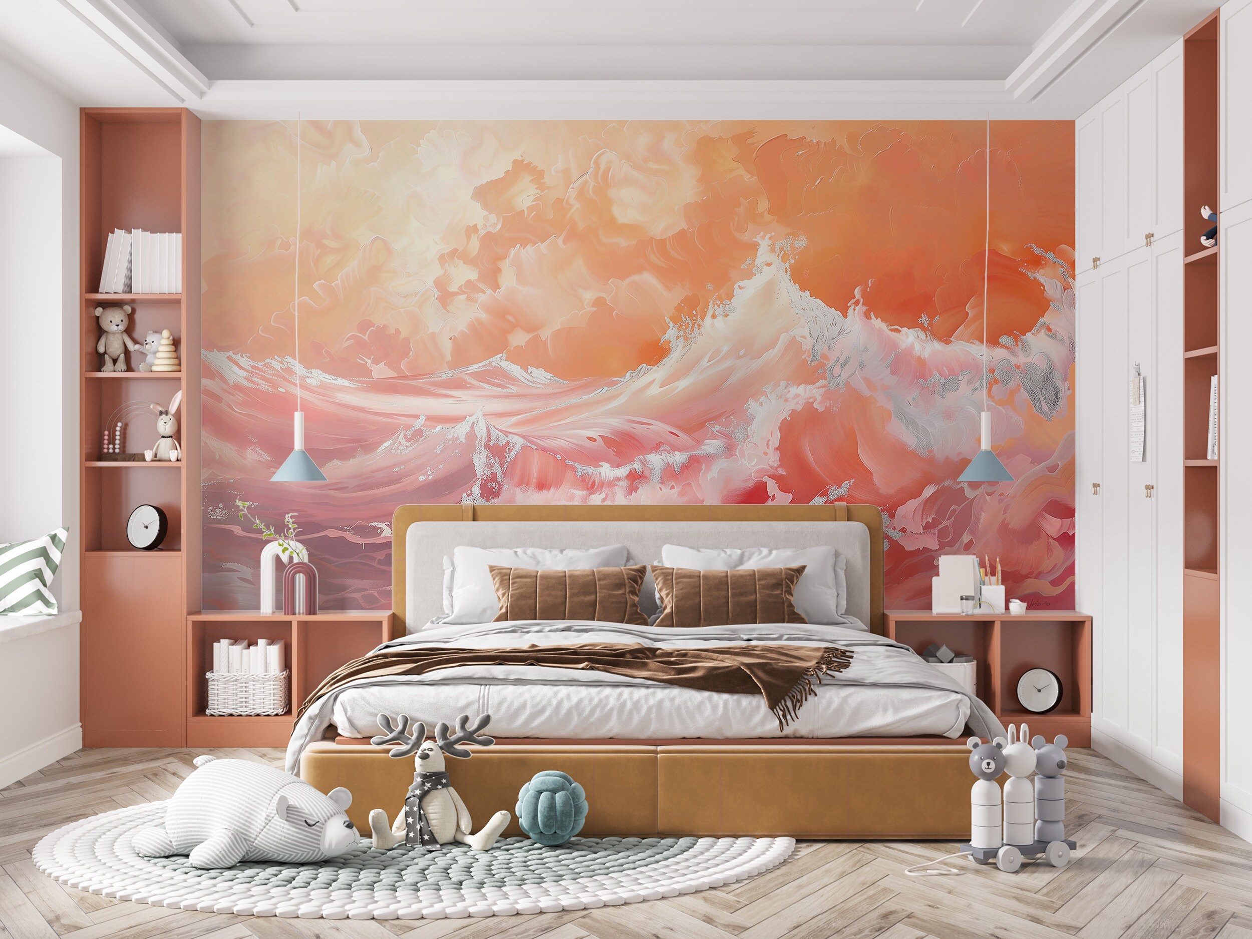 Abstract Ocean Waves Mural, Coral, Pink, and Silver Sea, Dynamic Peel ...
