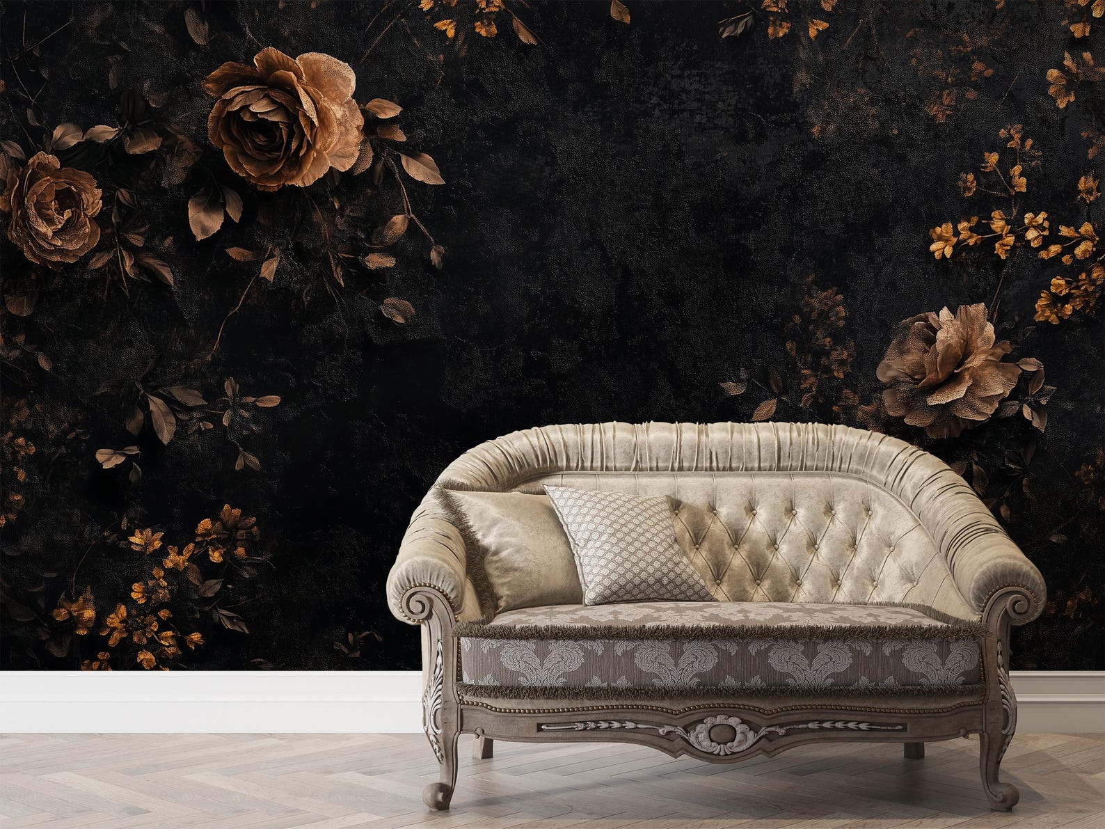 Dark Moody Floral Mural, Textured Dramatic Black Peel and Stick ...