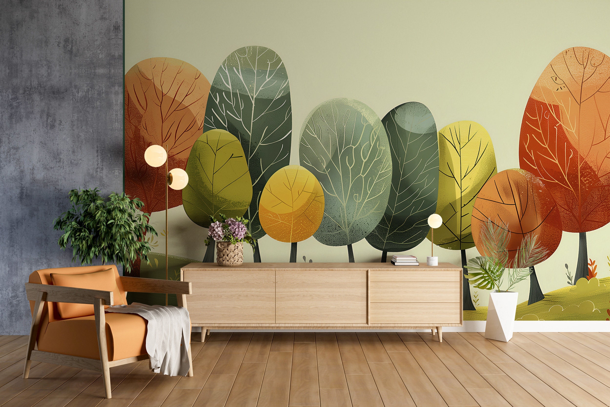 Colorful Trees Wall Mural, Watercolor Cartoon Style Forest Wallpaper ...