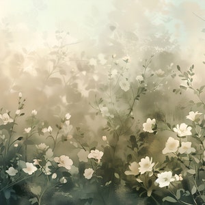 Soft Green Watercolor Botanical Mural, Peel and Stick White Flowers ...