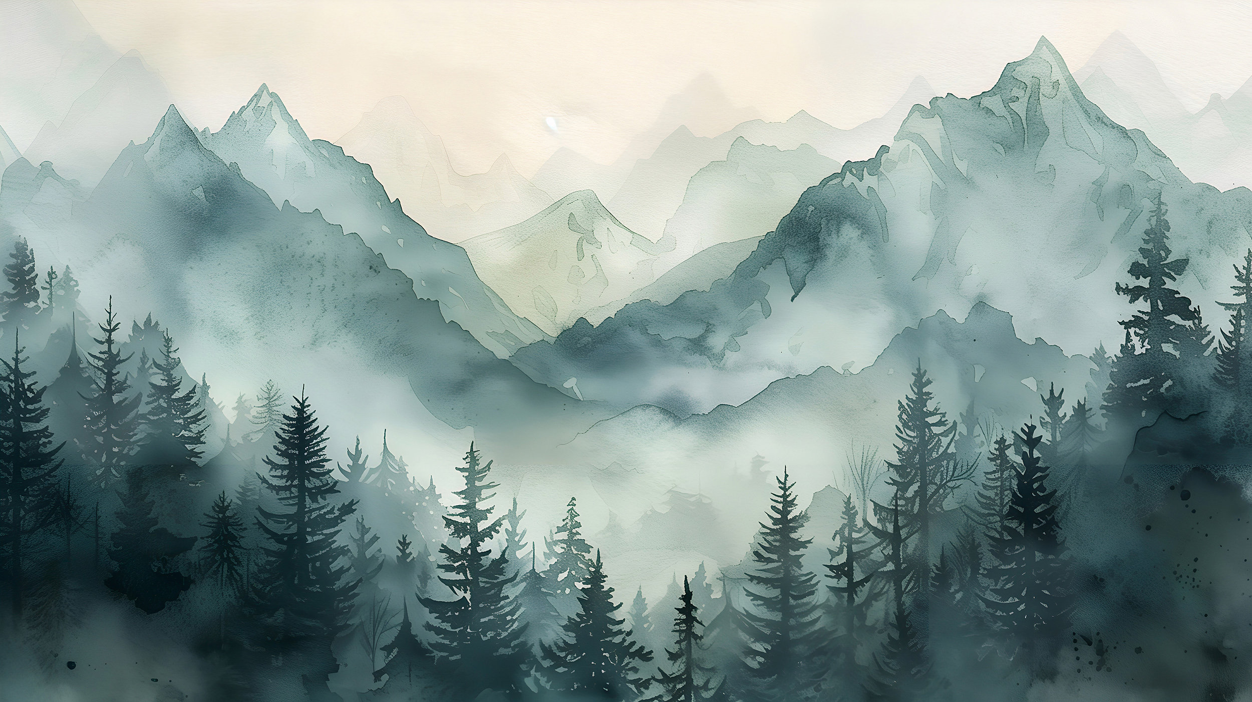 Green Mountains Wall Mural, Watercolor Foggy Forest and Mountains ...