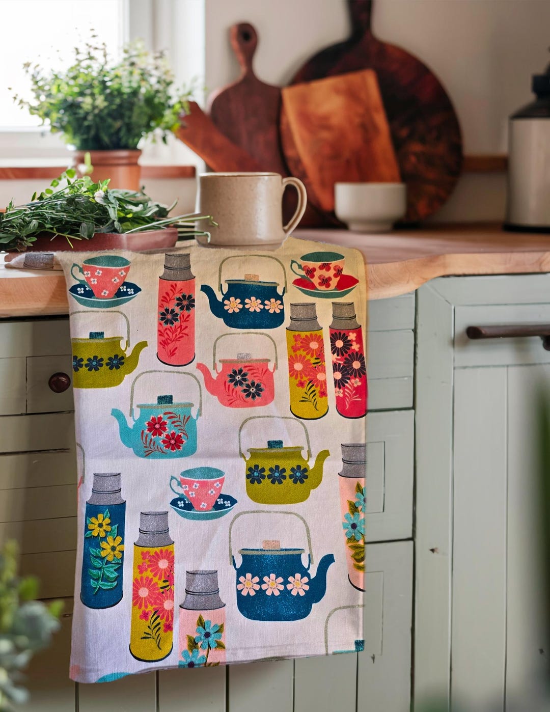 Handmade Kitchen Towels Featuring Various Colorful Teacups and Flowered ...