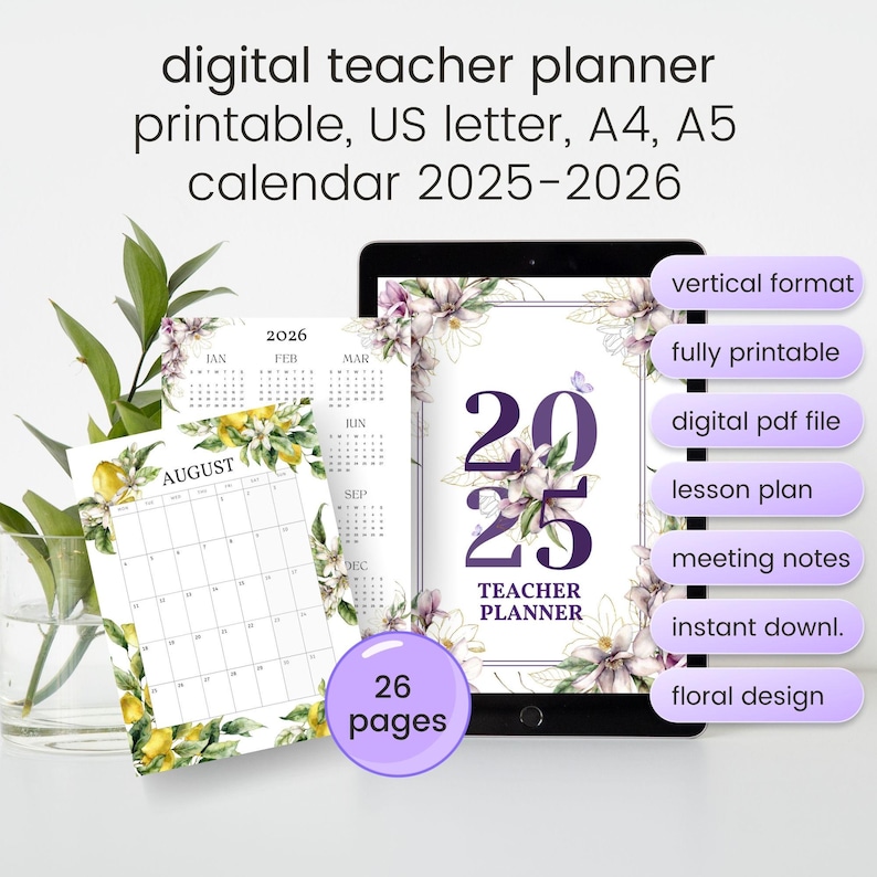 Floral Lehrerplaner 2025-2026: Druckbare Arbeitsblätter, A4 A5 US ...
