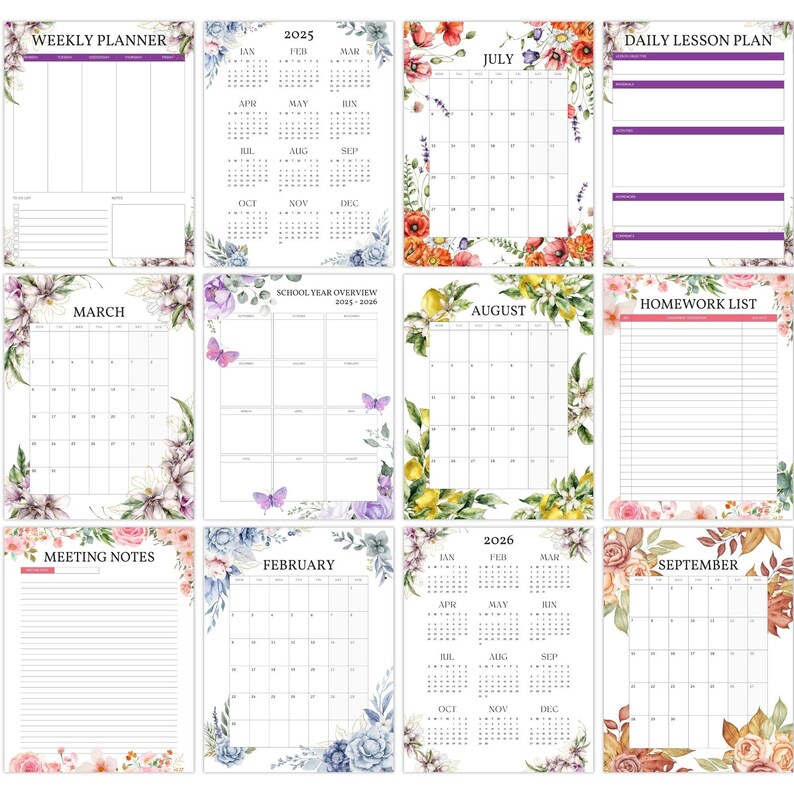 Floral Lehrerplaner 2025-2026: Druckbare Arbeitsblätter, A4 A5 US ...