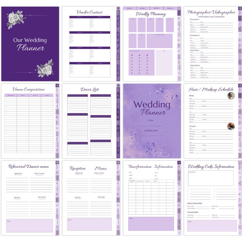 Purple Digital Wedding Planner: Editable, Hyperlinked (PDF) - Etsy