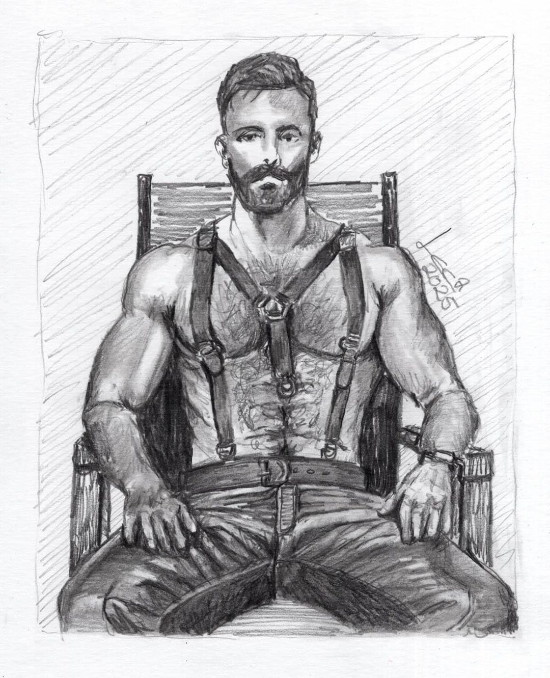 ORIGINAL GAY ART - Leatherman Daddy, Homoerotic Male Nude Drawing , Gay ...