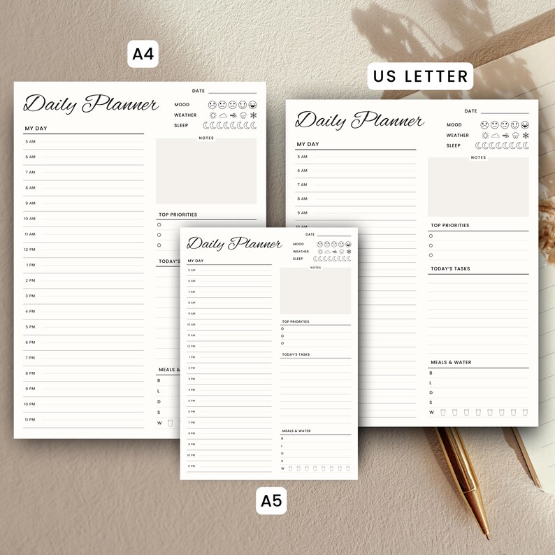 Minimalist Daily Planner, Hourly Schedule, To-do List (A4, A5, Letter ...