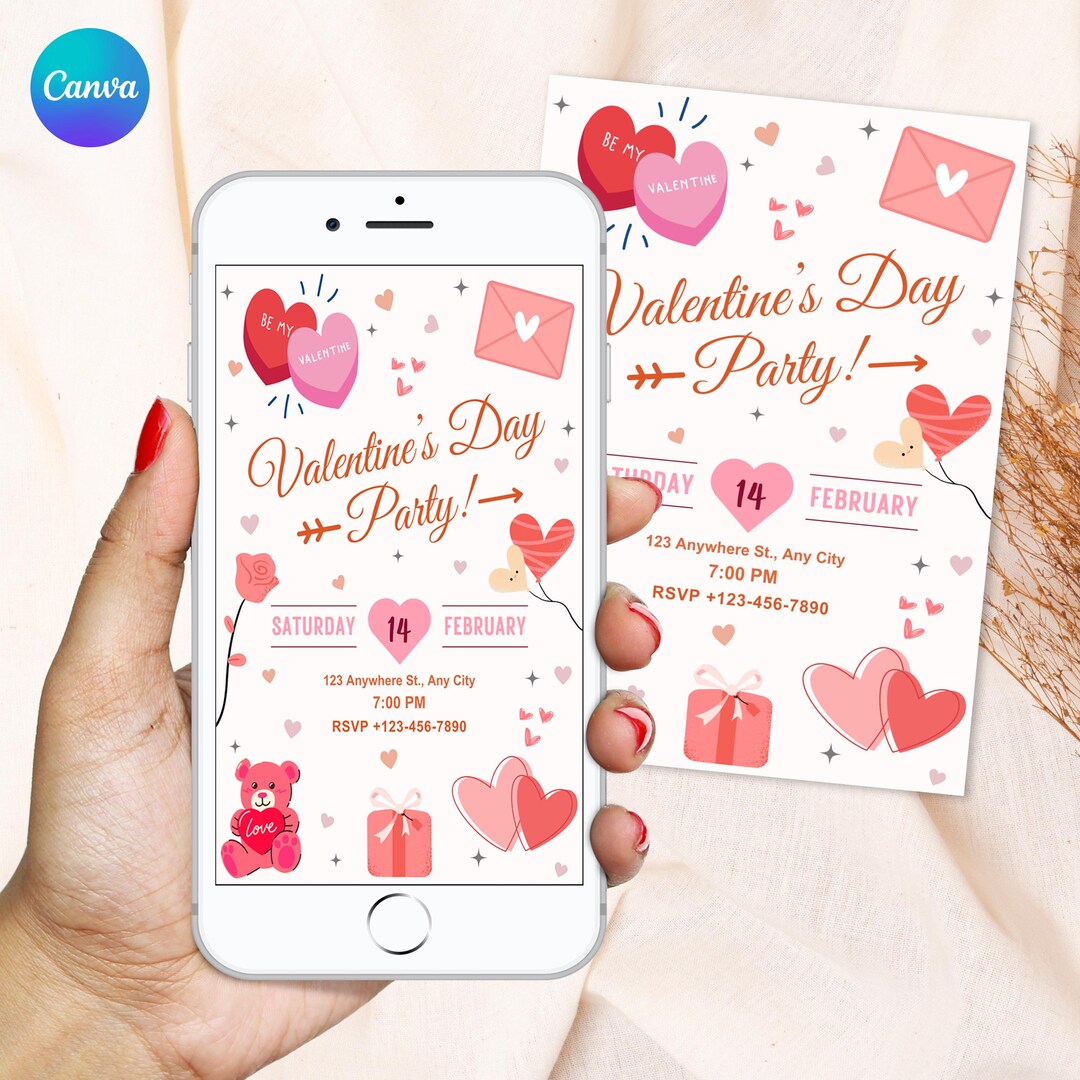 Valentine's Day Party Invitation: Pink & Red Heart, Canva Template ...