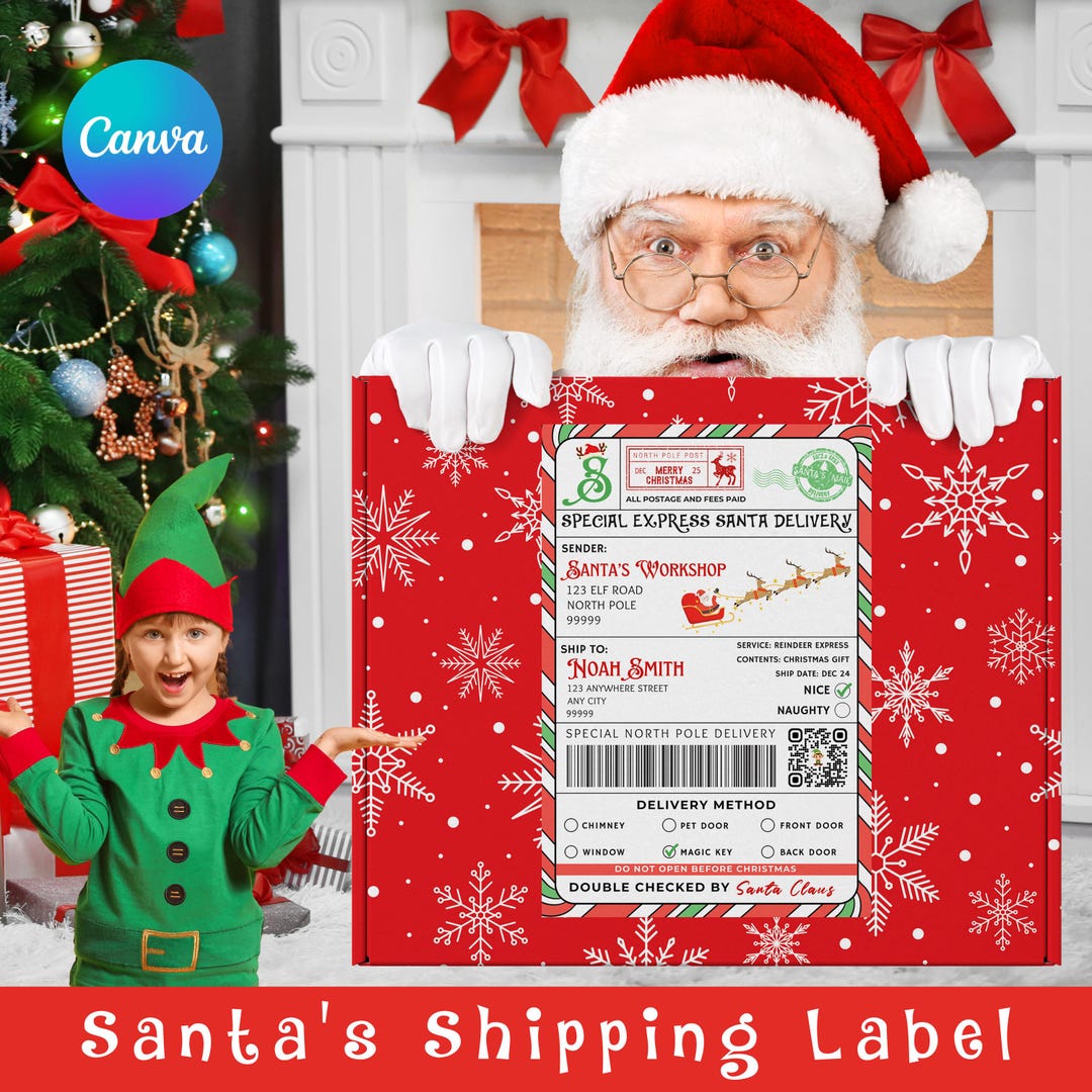 Editable Santa Delivery Sticker, North Pole Label, Canva Template ...