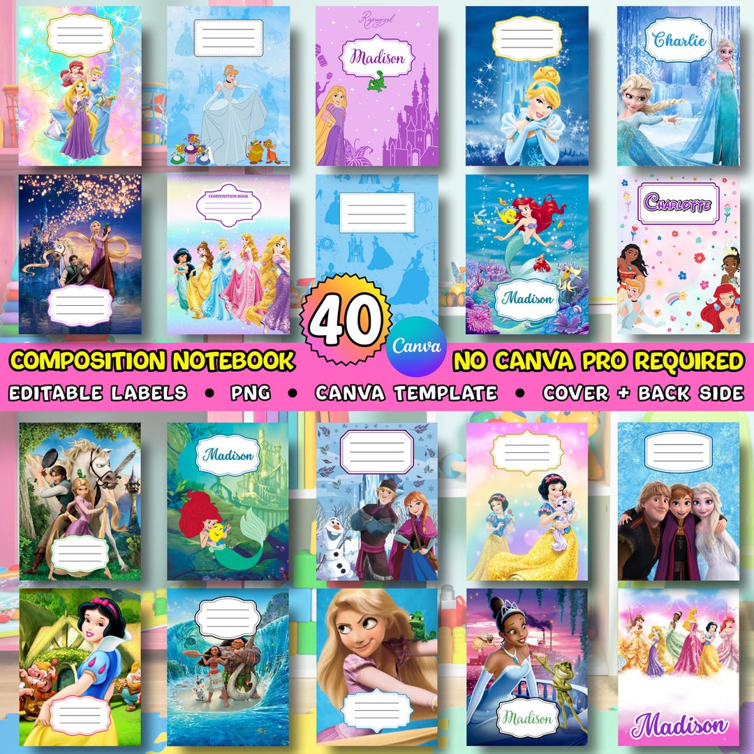 40 Princess Composition Notebook Covers Bundle, Printable Back to ...