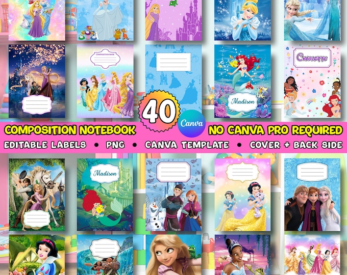 40 Princess Composition Notebook Covers Bundle, Printable Back to ...