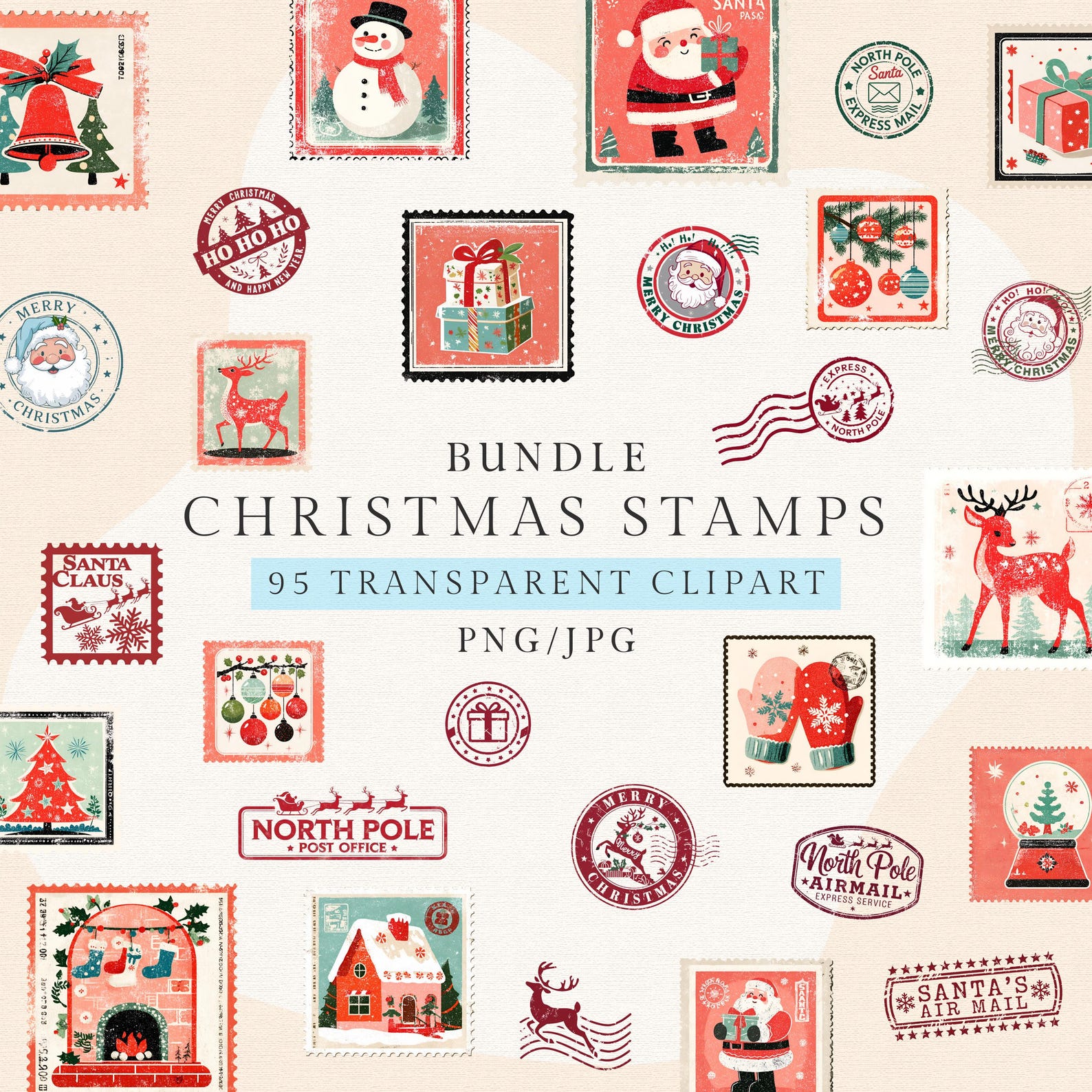 Santa Stamps Clipart, Christmas Postage Stamps PNG, Vintage Santa Mail ...
