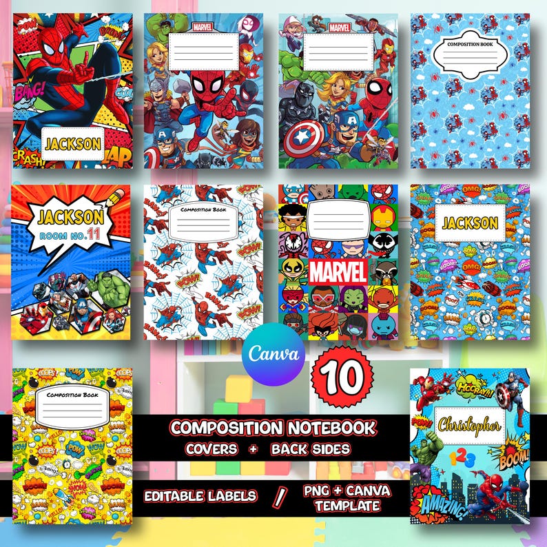 Superheroes Composition Notebook Covers, Printable Back to School Canva ...