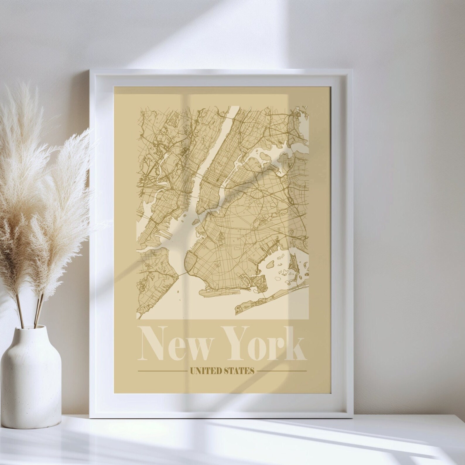 Beige New York City Map, Colorful Minimalist Map Print, Office Print ...