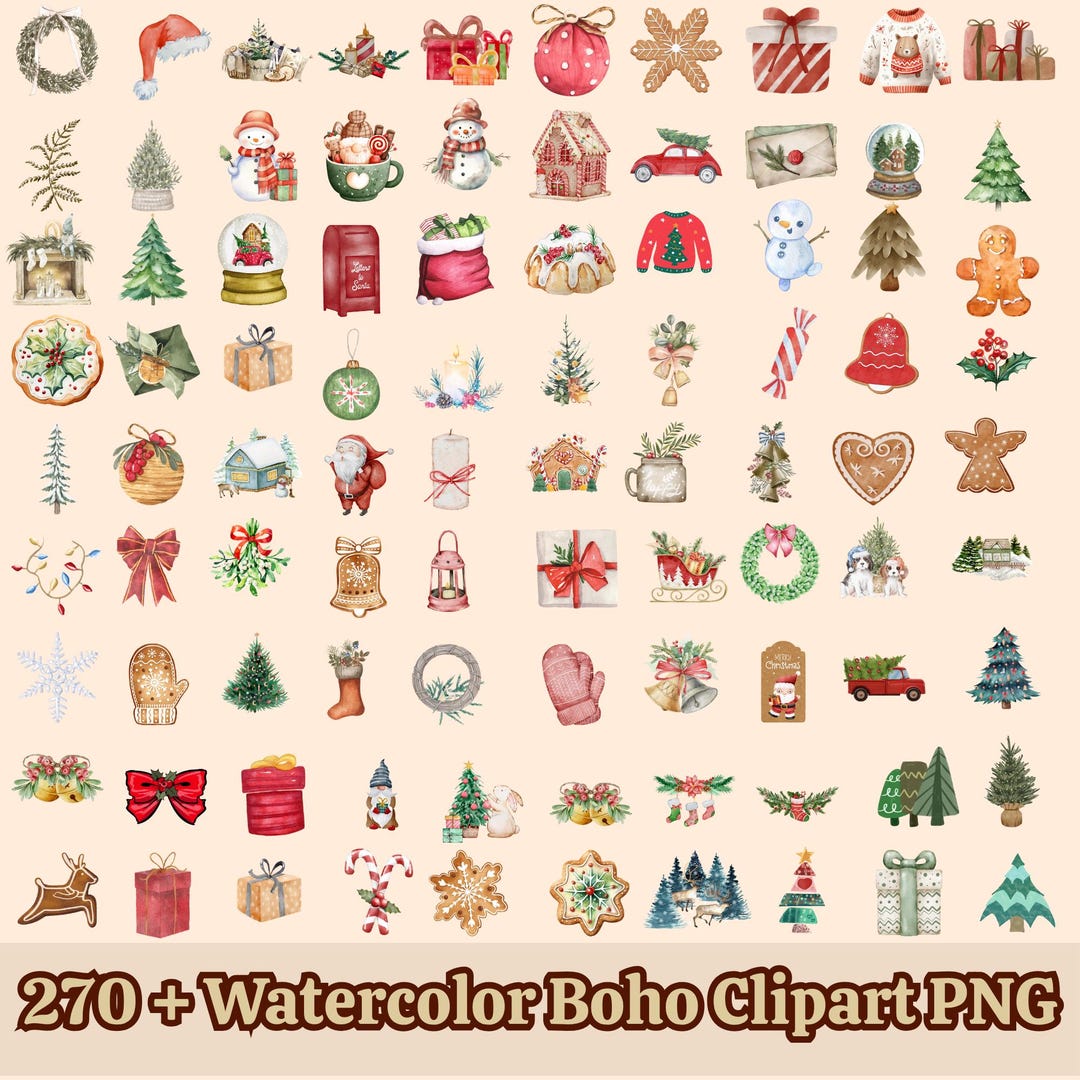 Boho Christmas Clipart: Retro Watercolor Santa, Ornaments (digital ...