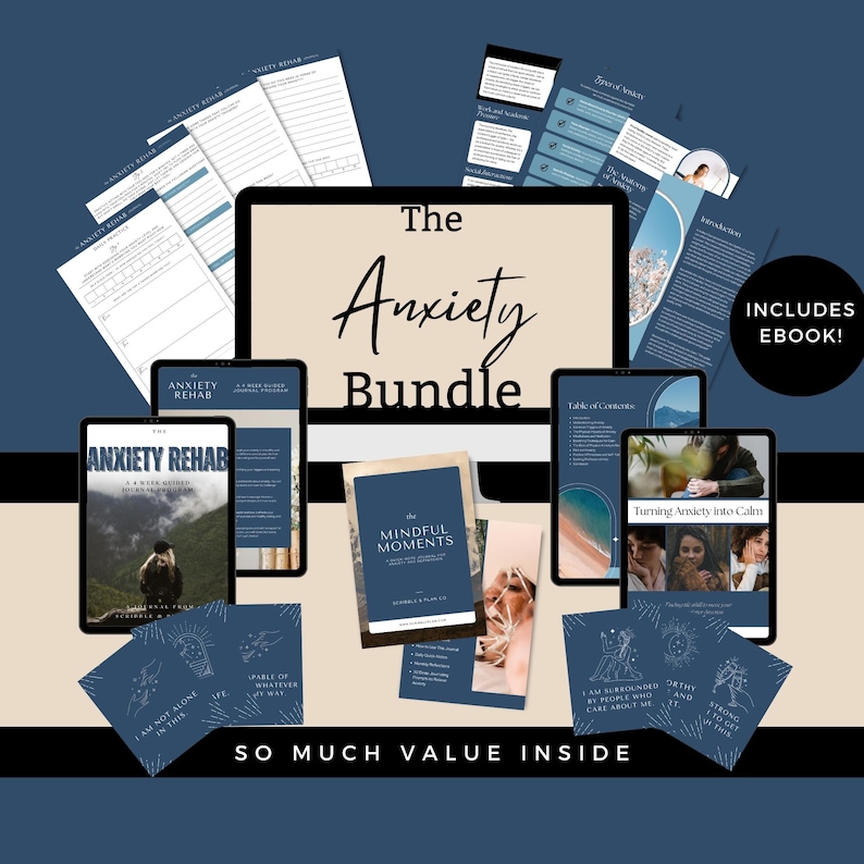 Anxiety Relief Bundle: Ebook, 2 Journals & Affirmation Cards for Stress ...