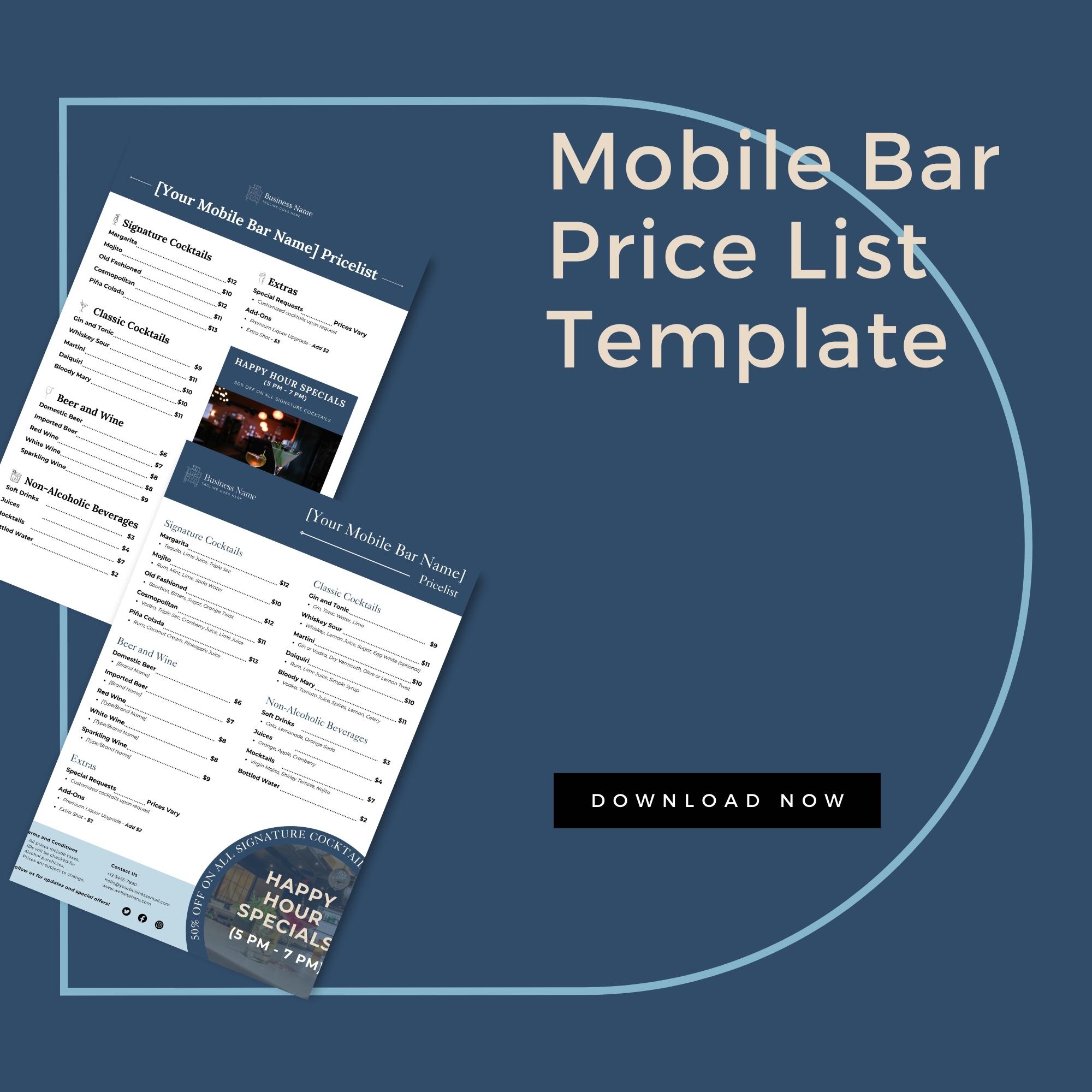 Editable Mobile Bar Price List Template - Customizable Drink Menu ...