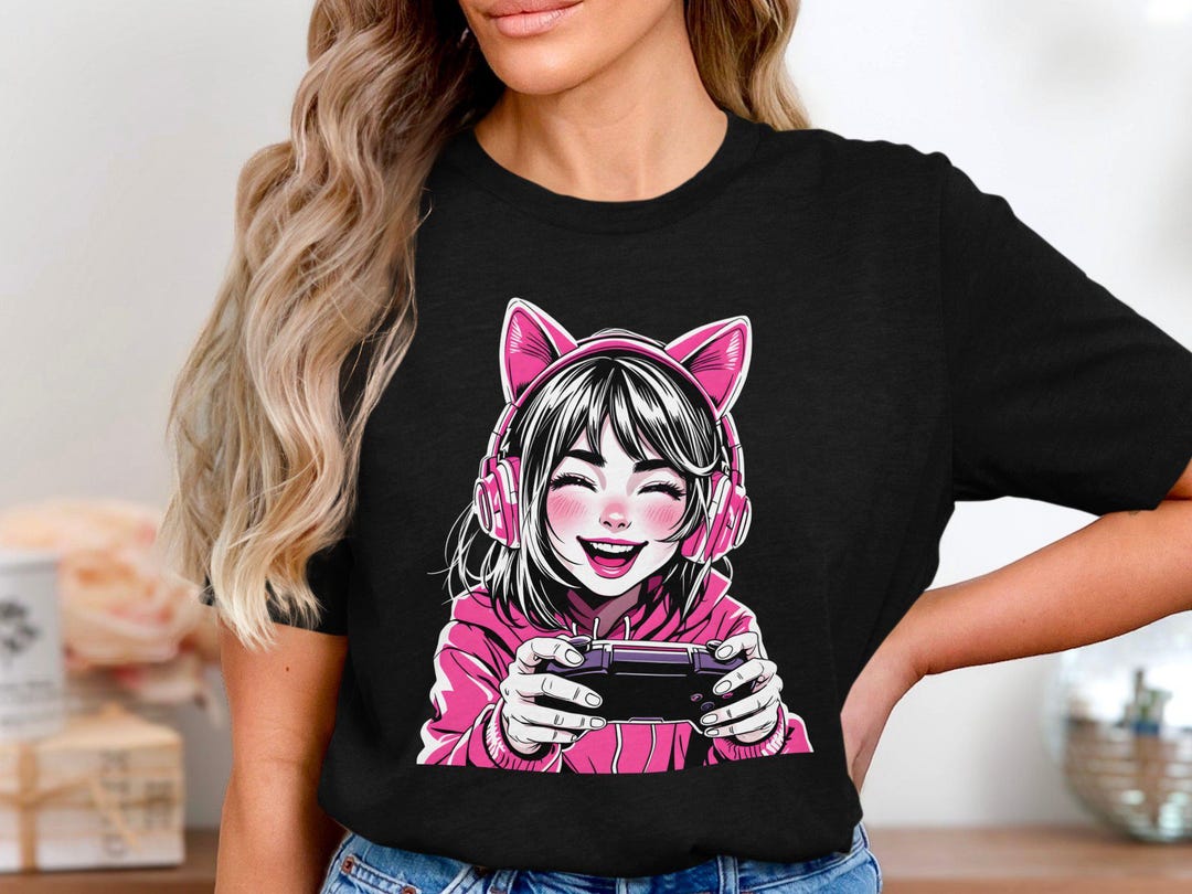 Cute Gamer Girl T-shirt, Kawaii Gaming Cat Ear Headphones Tee, Anime ...