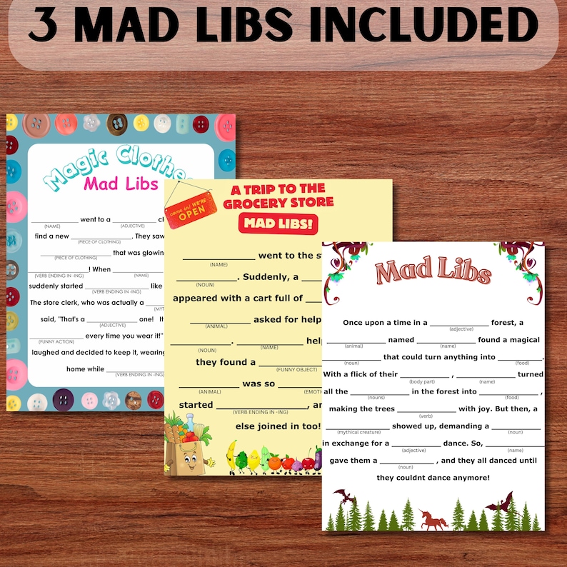 Fun Educational Printable Kids Mad Libs | 3 Unique Designs | PDF & PNG ...