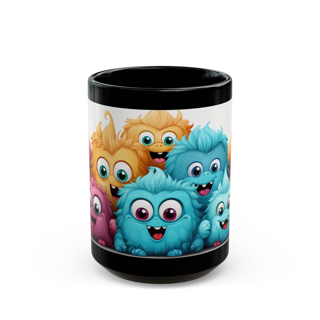 Black Ceramic Mug, 15oz, Cute Monsters, Weird Coffee Cup, Creature Mug ...