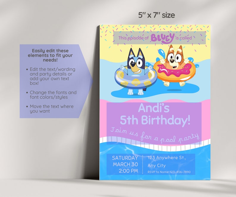 Editable Summer Bluey Pool Party Birthday Invitation, Digital Canva ...