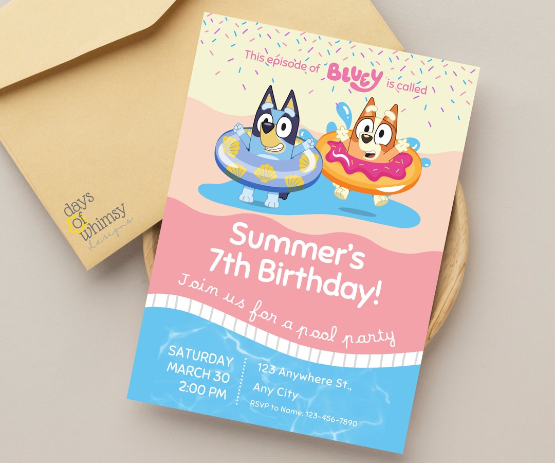 Editable Summer Bluey Pool Party Birthday Invitation, Digital Canva ...