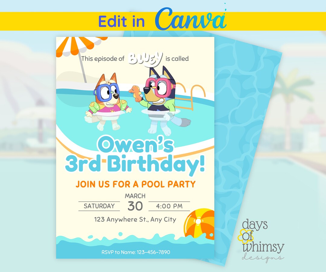 Bluey Splash Swimming Pool Summer Party Kids Birthday Party Invitation ...