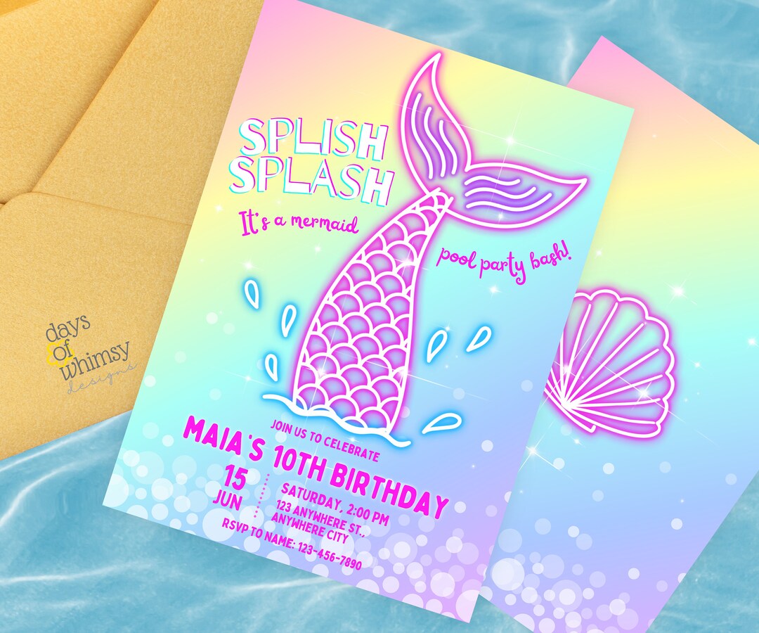 Mermaid Pool Party Invitation, Neon Pool Party Summer Birthday ...