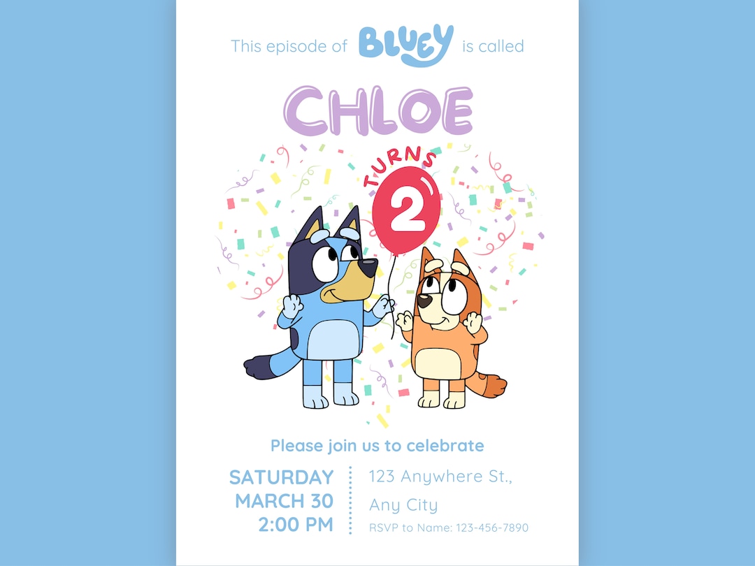 Bluey Colorful Confetti and Balloon Kids Birthday Party Invitation ...