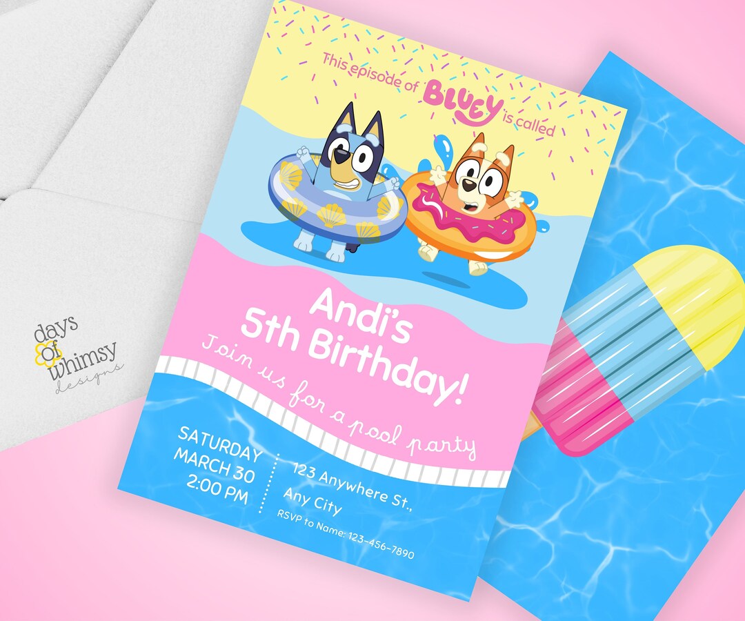Editable Summer Bluey Pool Party Birthday Invitation, Digital Canva ...