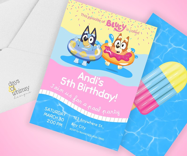 Editable Summer Bluey Pool Party Birthday Invitation, Digital Canva ...