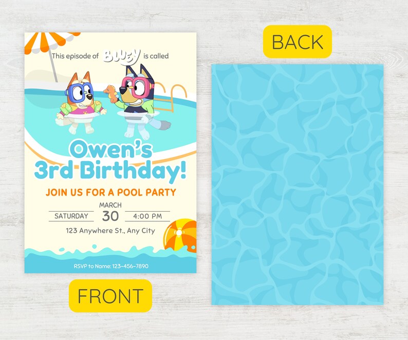 Bluey Splash Swimming Pool Summer Party Kids Birthday Party Invitation ...