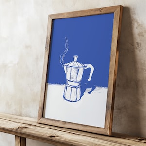 Timeless Blue Moka Pot Print - Modern Black & White Coffee Art, Stylish ...