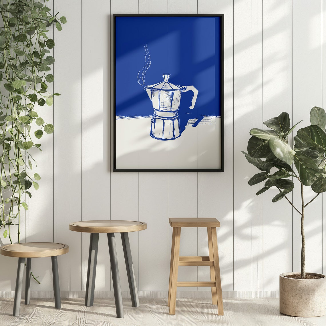 Timeless Blue Moka Pot Print - Modern Black & White Coffee Art, Stylish ...