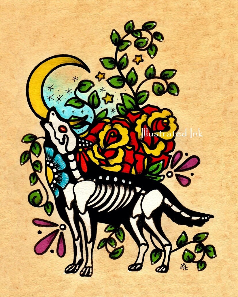 Day of the Dead WOLF Old School Tattoo Art Print 5 X 7, 8 X 10 or 11 X ...