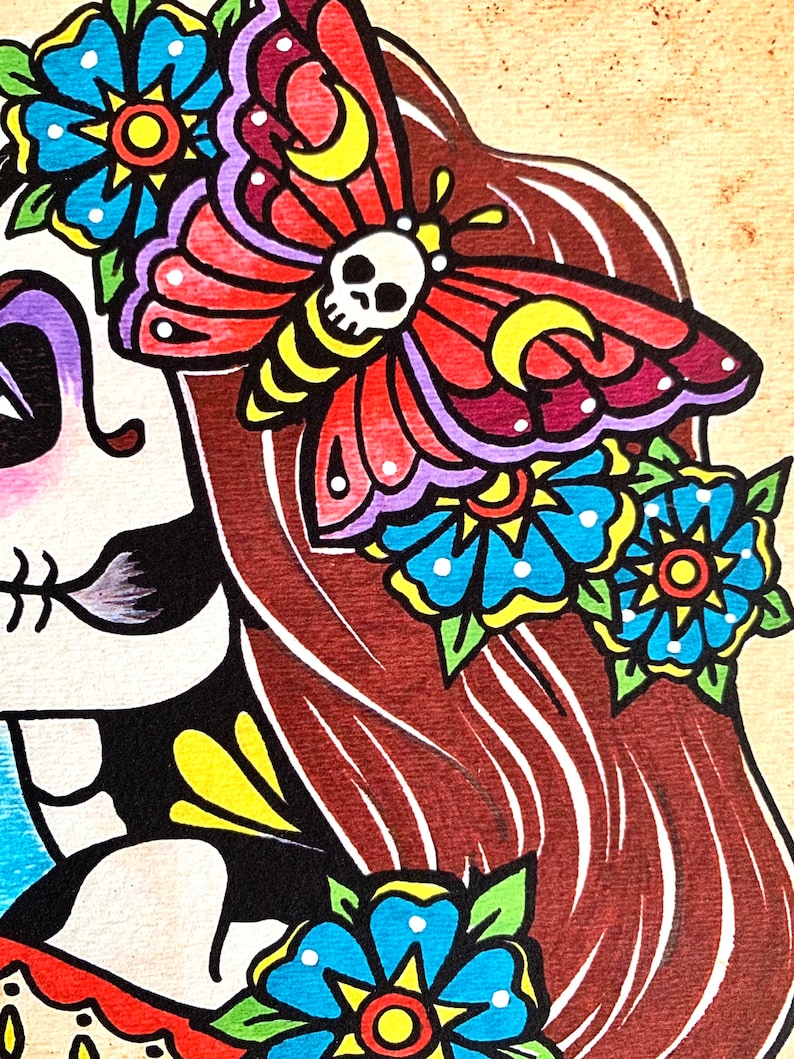 Day of the Dead Luna Moon Death MOTH Art Sugar Skull Girl Flower ...