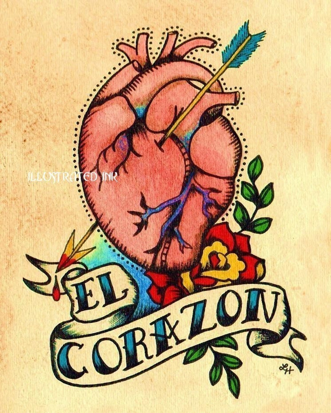 Old School Tattoo Heart El Corazon Loteria Print 5 X 7 8 X 10 Or 11 X