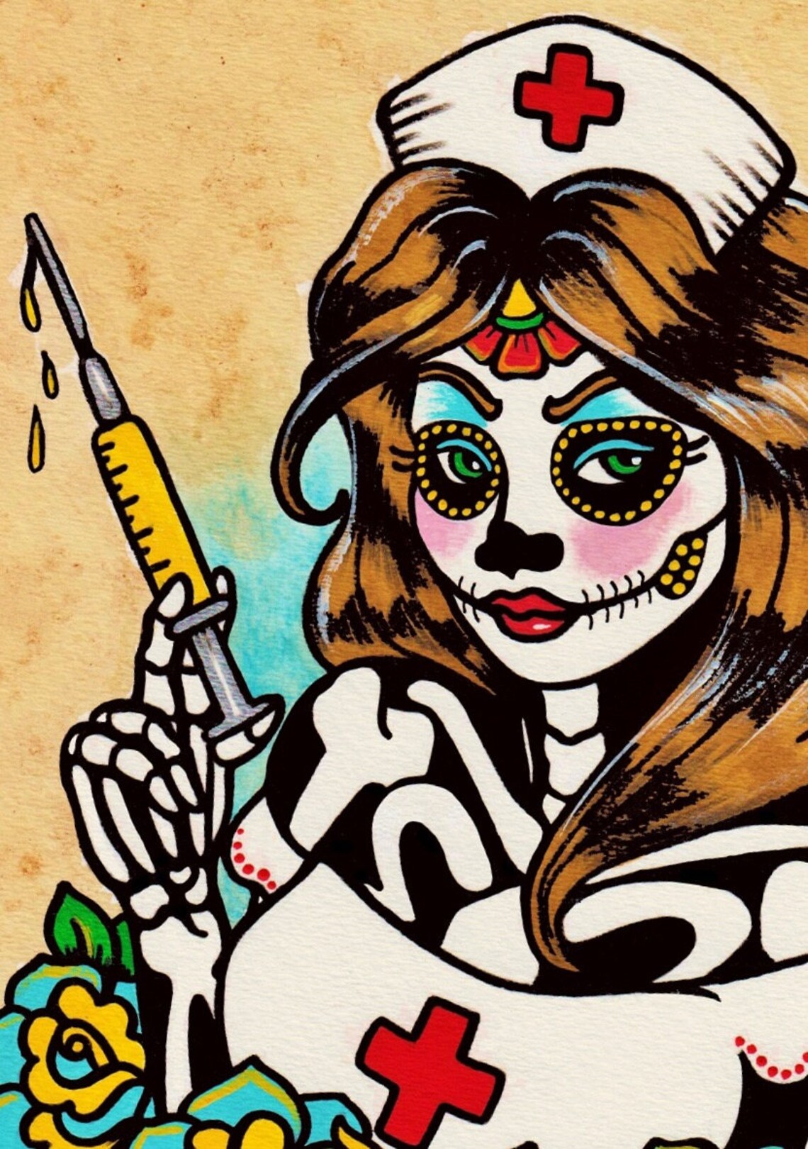 Day of the Dead NURSE Old School Tattoo Art Print 5 X 7, 8 X 10 or 11 X ...
