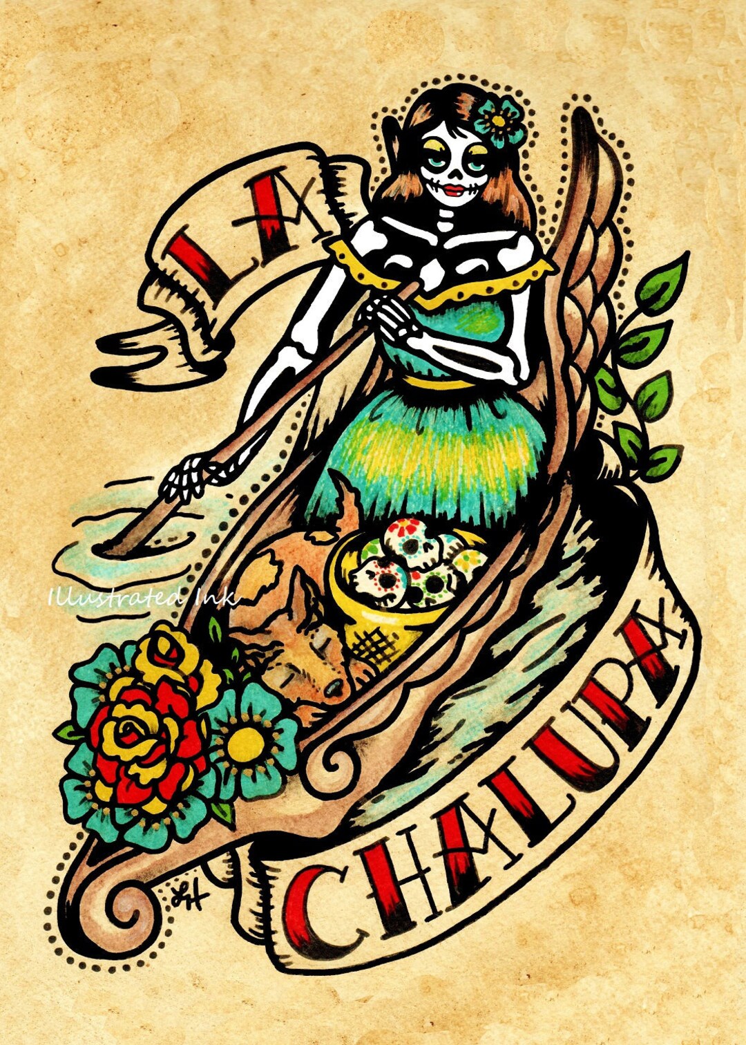 Day of the Dead Tattoo Art LA CHALUPA Loteria Print 5 X 7, 8 X 10 or 11 ...