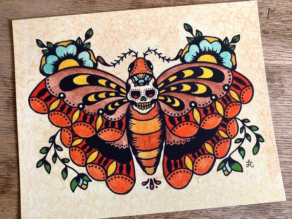 Death MOTH Traditional Tattoo Art Sugar Skull Print Old School - Etsy