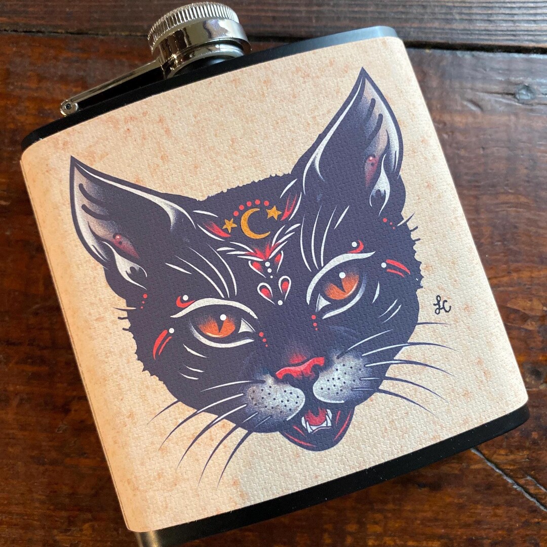 Black Cat Tattoo Flask - Traditional Tattoo Witch Art Moon Stars - 6 Oz ...