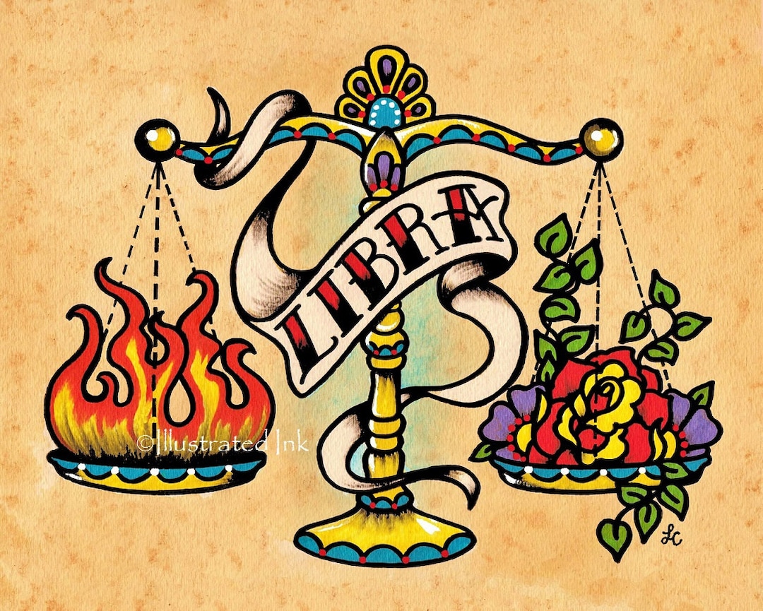 Zodiac Old School Tattoo Art LIBRA Scales Astrology Print 5 X 7, 8 X 10 ...