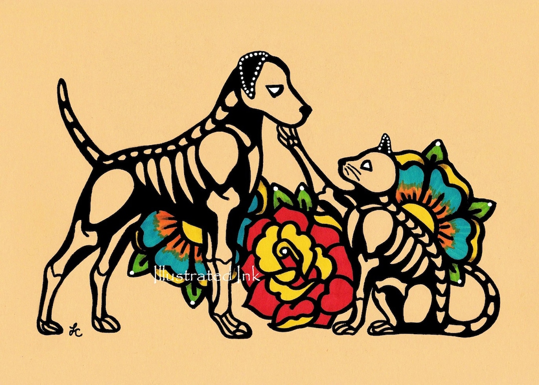 Dia De Los Muertos DOG and CAT Day of the Dead Art Print 5 X 7, 8 X 10 ...