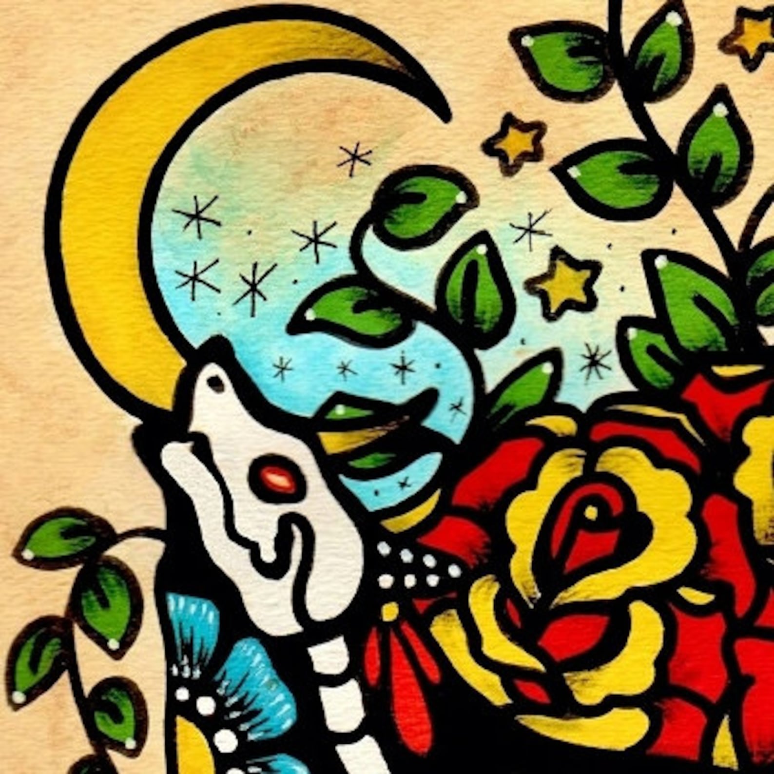 Day of the Dead WOLF Old School Tattoo Art Print 5 X 7, 8 X 10 or 11 X ...