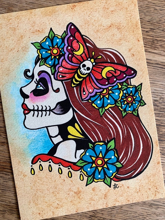 American Traditional Sugar Skull Tattoo